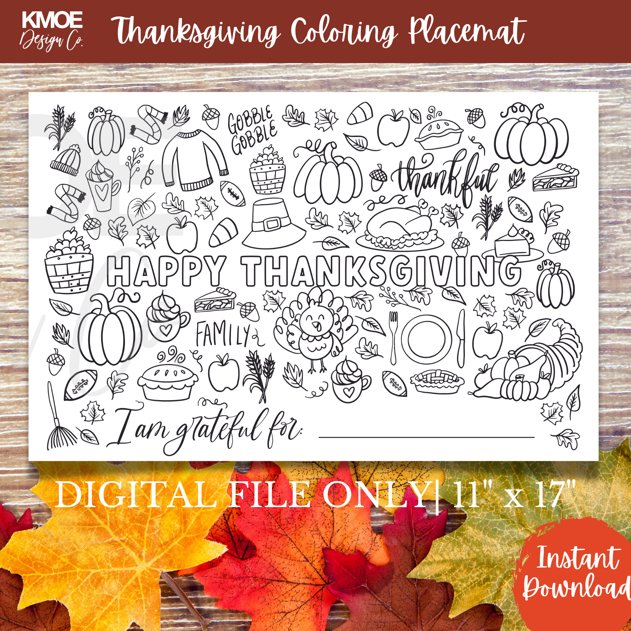 Thanksgiving Kids Coloring Placemat Printable Fall Kids Activity ...