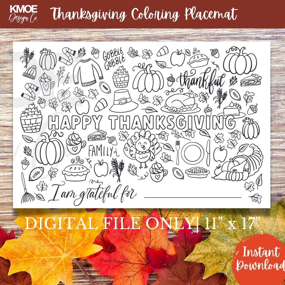 Thanksgiving Kids Coloring Placemat Printable Fall Kids Activity ...