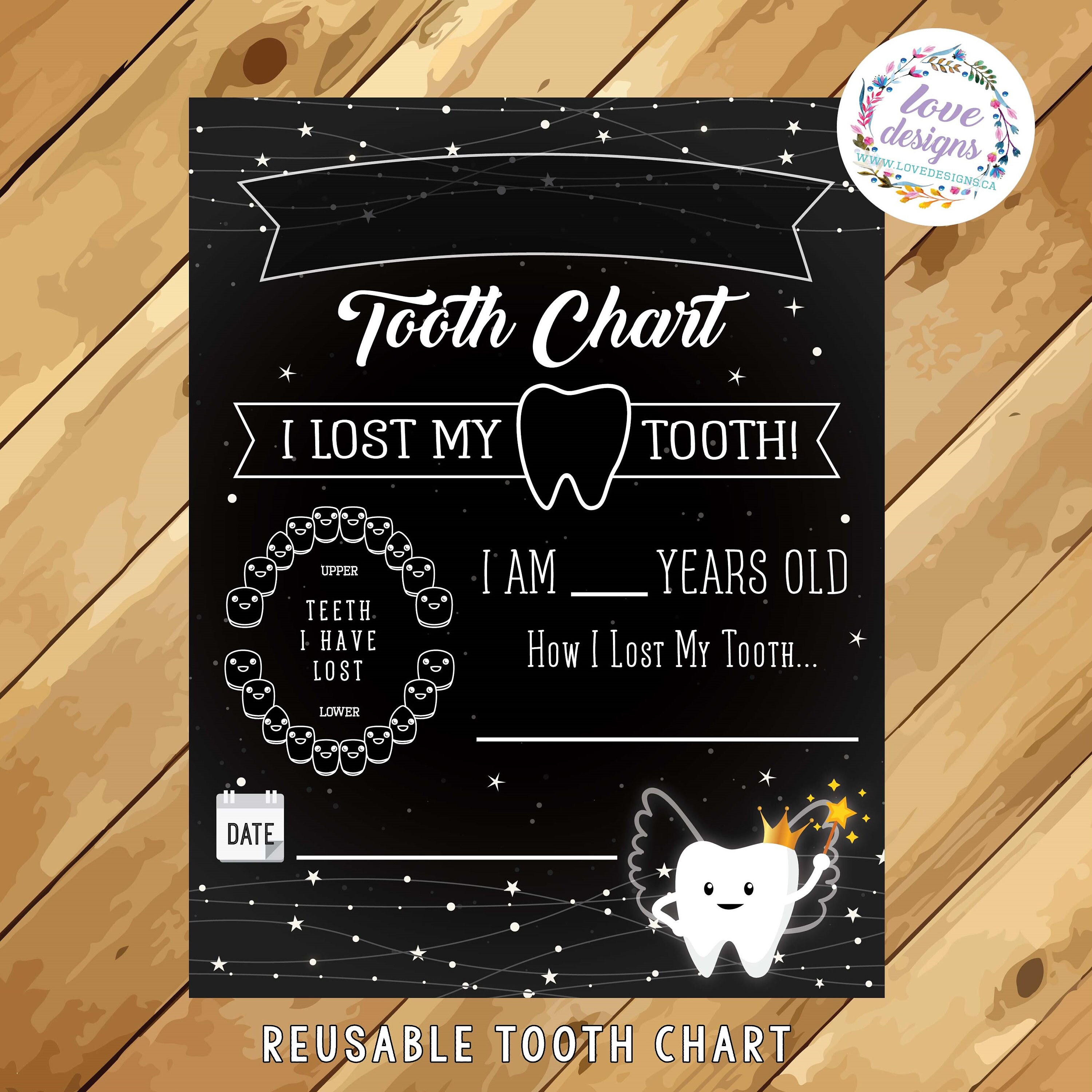 Reusable TOOTH Chart Erasable Sign Includes White Chalk Crayon Mimics ...