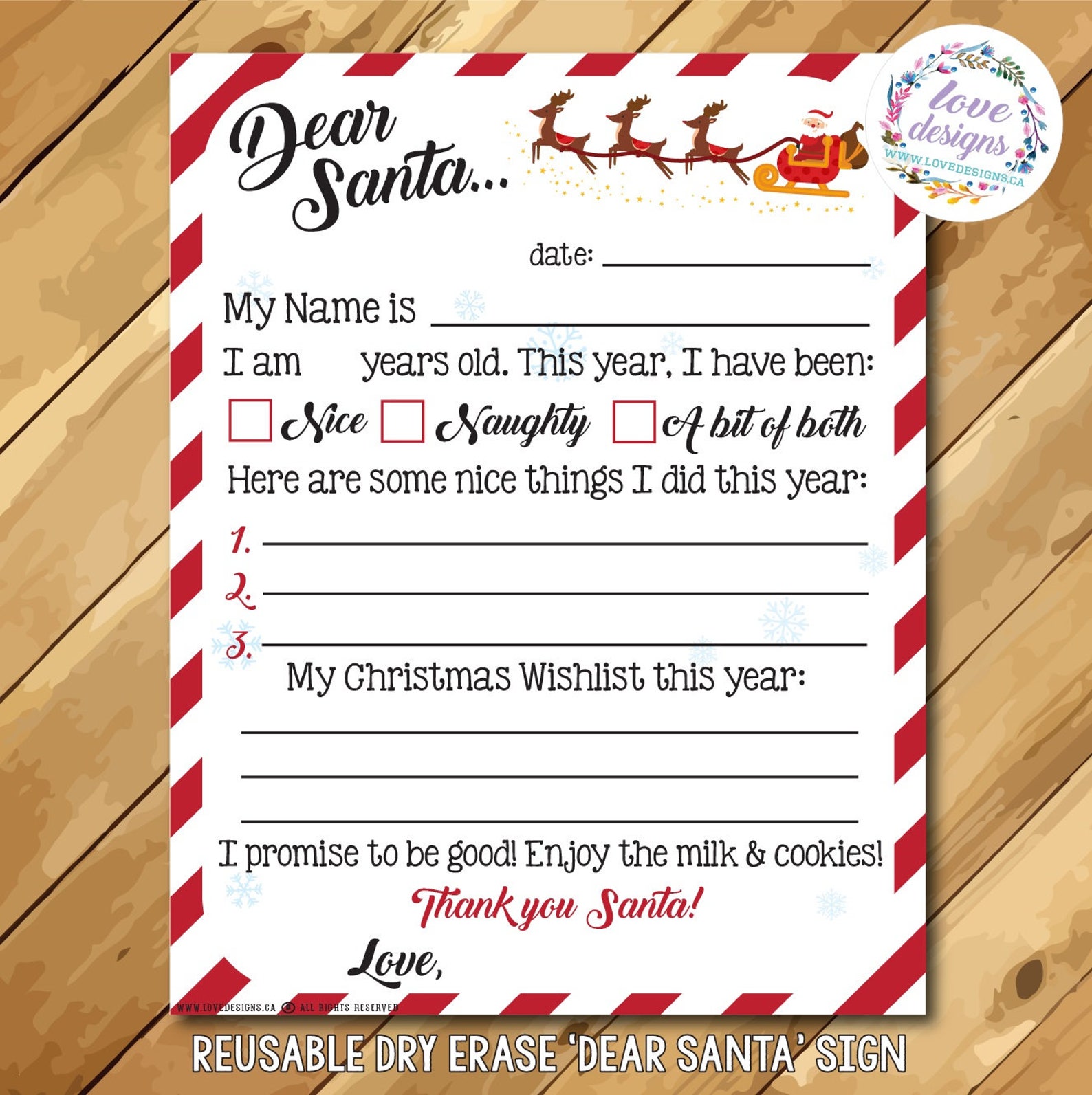 Reusable CHRISTMAS Wish List Sign With FREE Marker, Dear Santa, Letter ...
