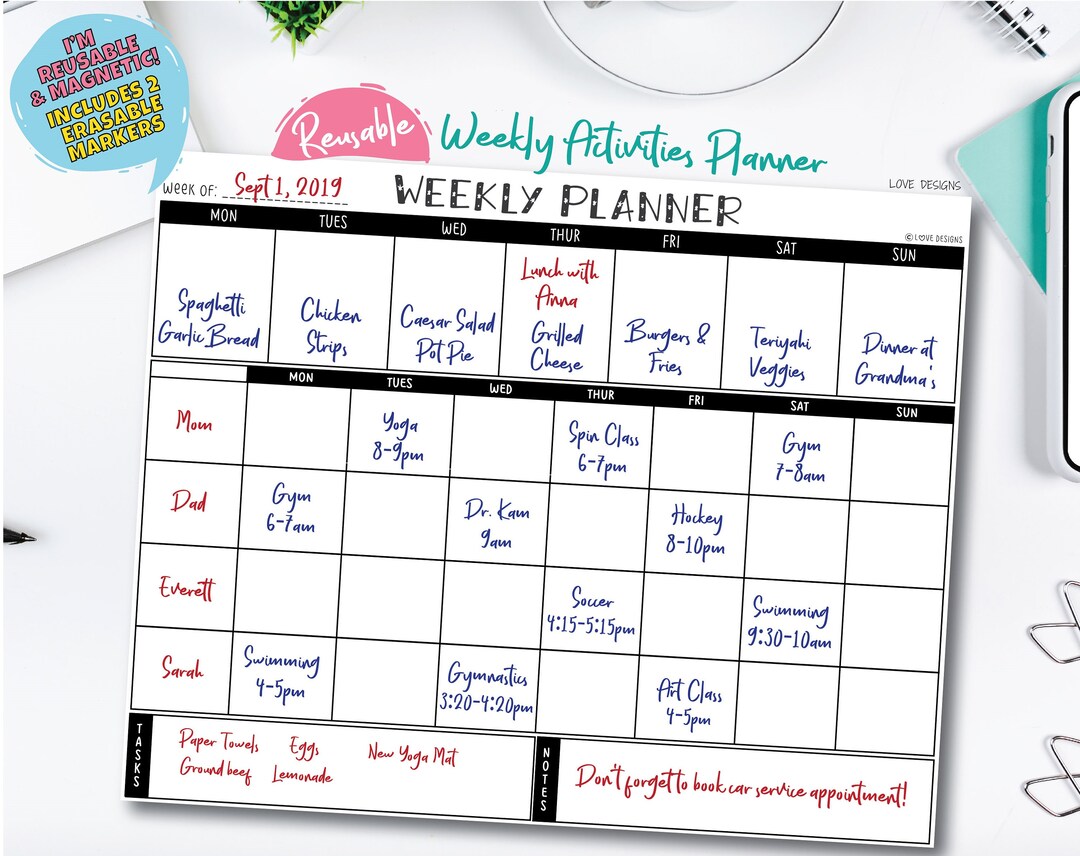 Reusable Weekly Activities Planner, Family, Chores, Calendar, Erasable ...