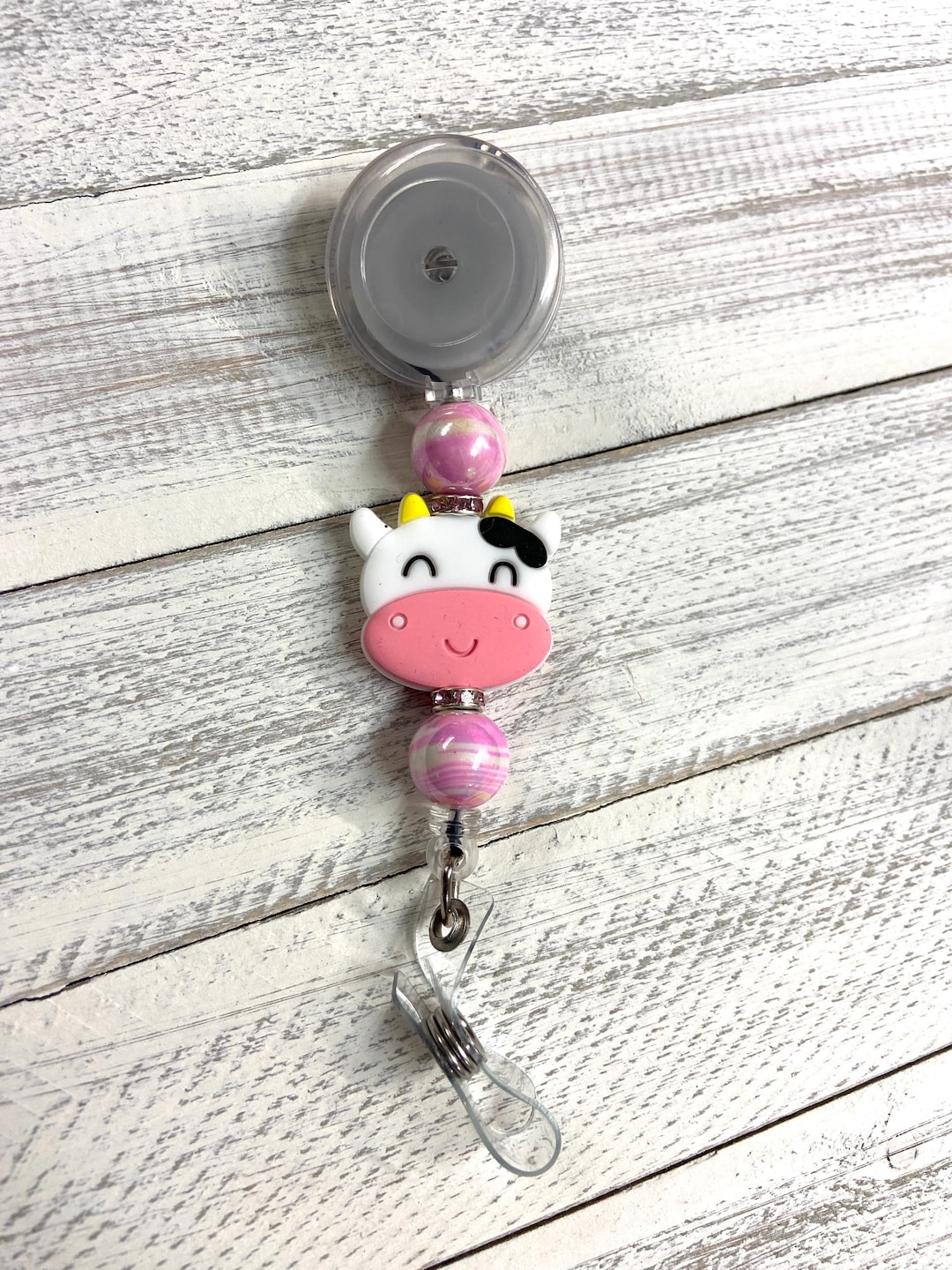 Beaded Cow Badge Reel, Pink & White Retractable Name Badge Clip - Etsy