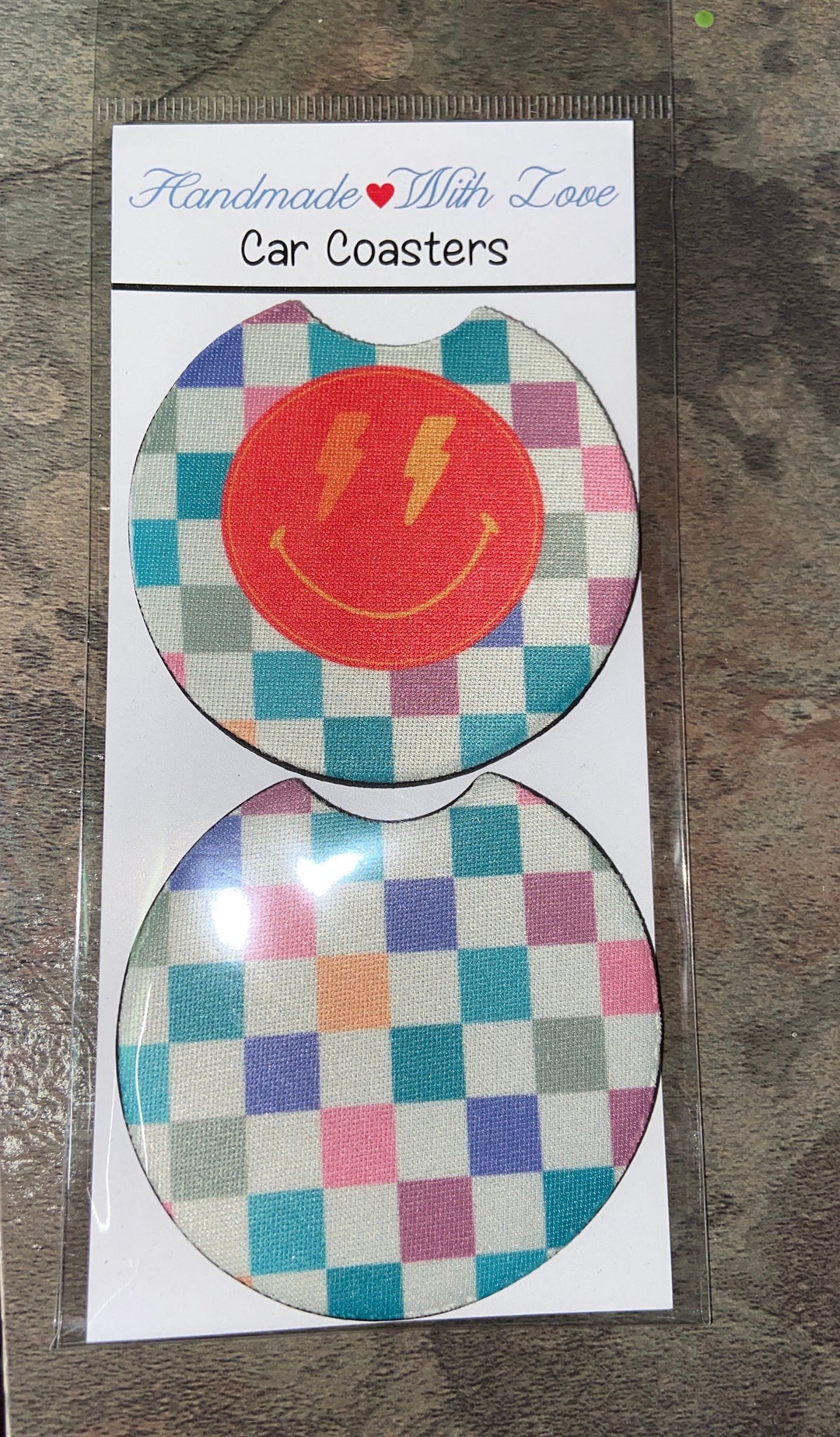 Checkered Lightning Smile Face Car Coasters, Set of 2, Multi Color ...
