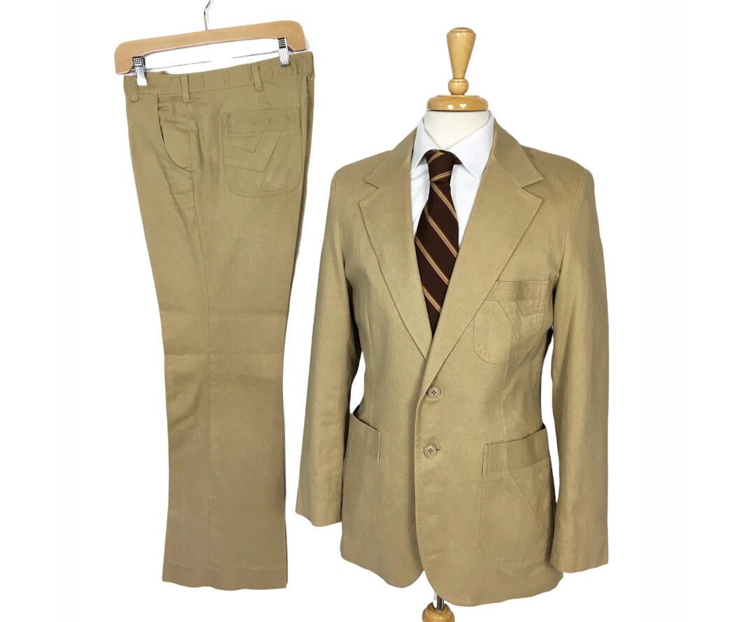 Vintage 70s Tan Mod Hippie DISCO Retro Pockets Flared Leg Pants Suit 44 ...