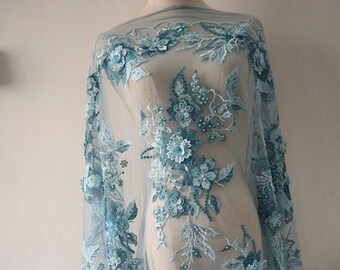 Light Blue 3D Floral Embroidered Lace Fabric Appliques Retro - Etsy