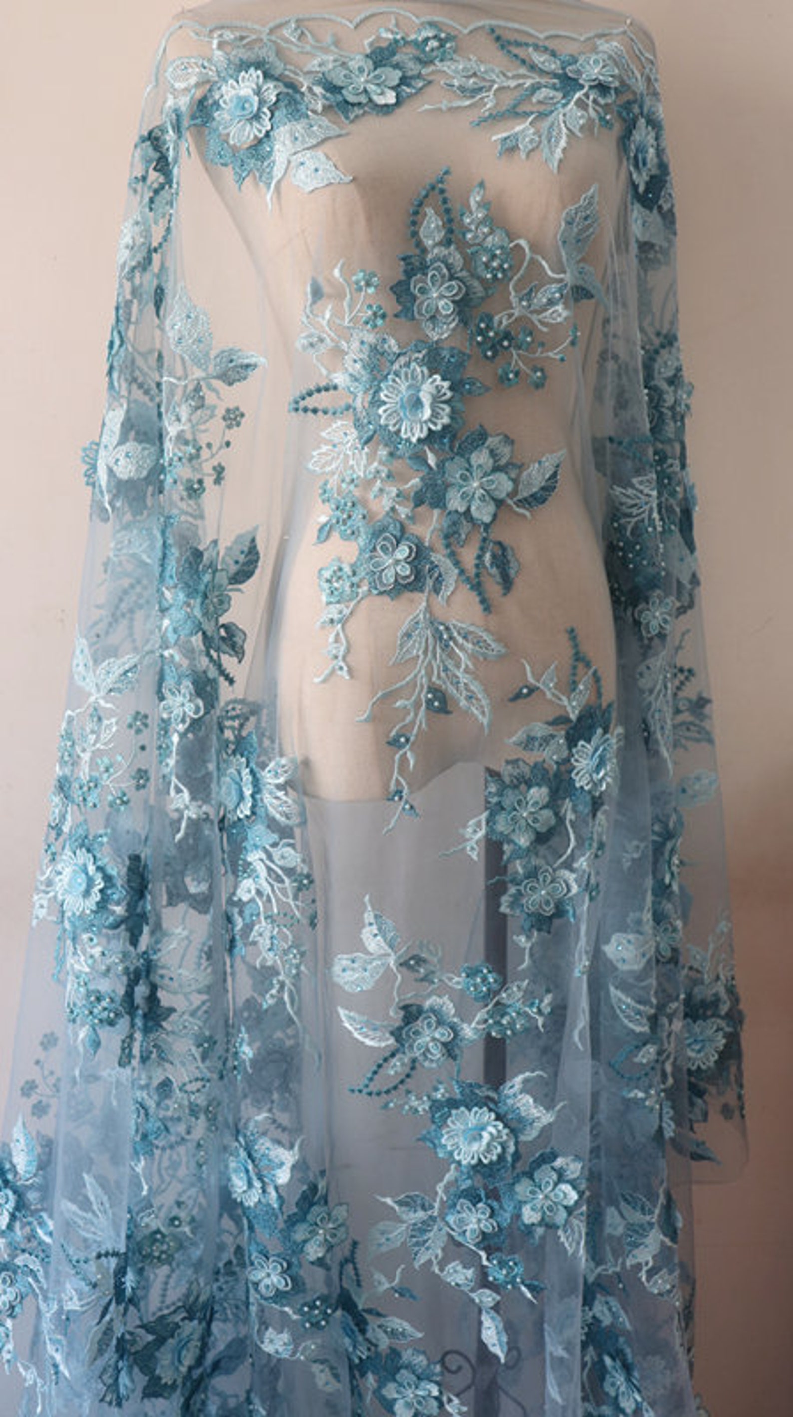 Light Blue 3D Lace Fabric Beaded Handwork 3D Embroidered Lake - Etsy