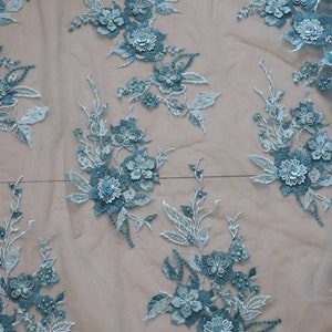 Light Blue 3D Lace Fabric Beaded Handwork 3D Embroidered Lake Blue ...