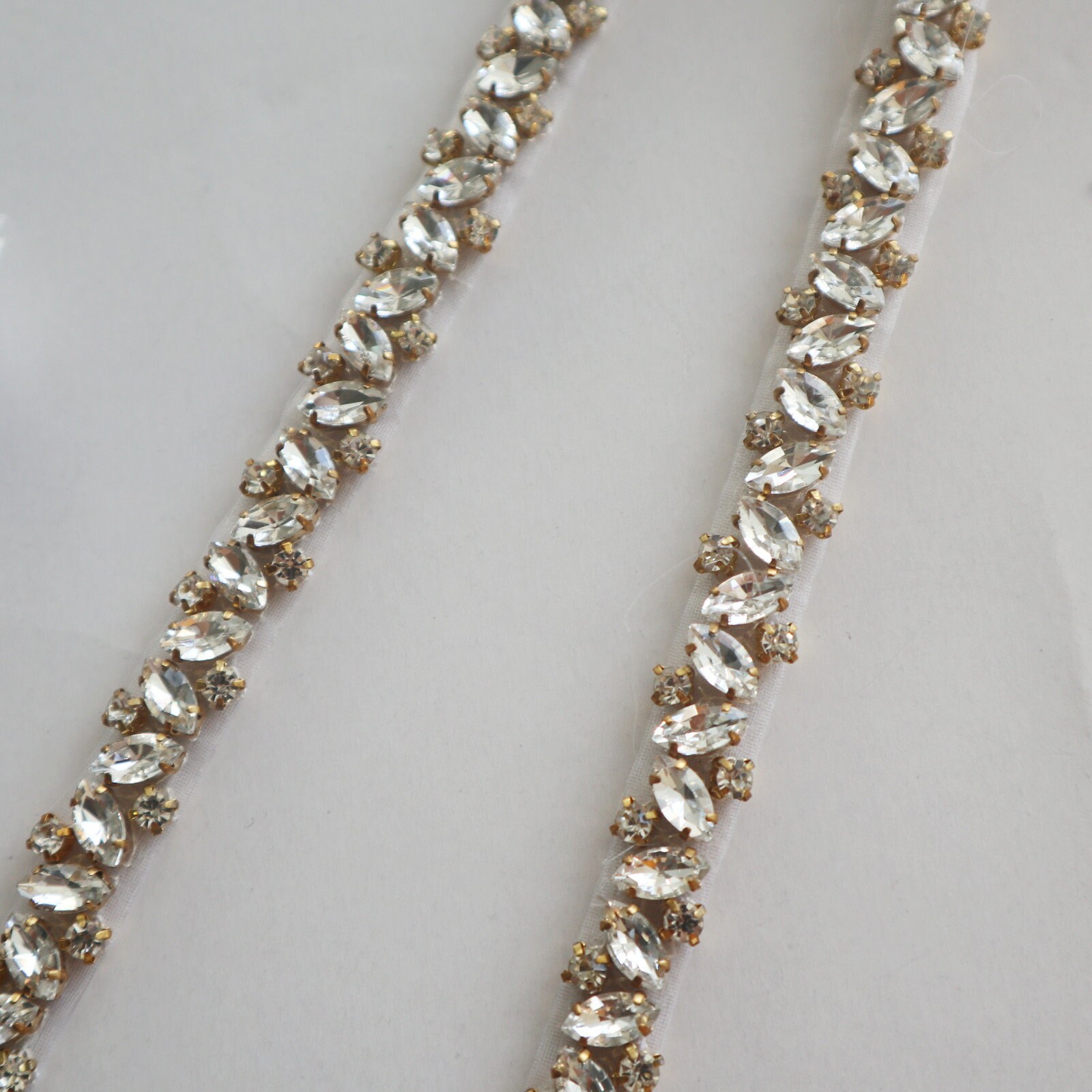 Gold Rhinestone trim applique Slim thin crystal beaded Sash | Etsy