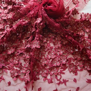 Dark Red 3D Guipure Lace Fabric, Wine Red Elegant Fine Tulle ...