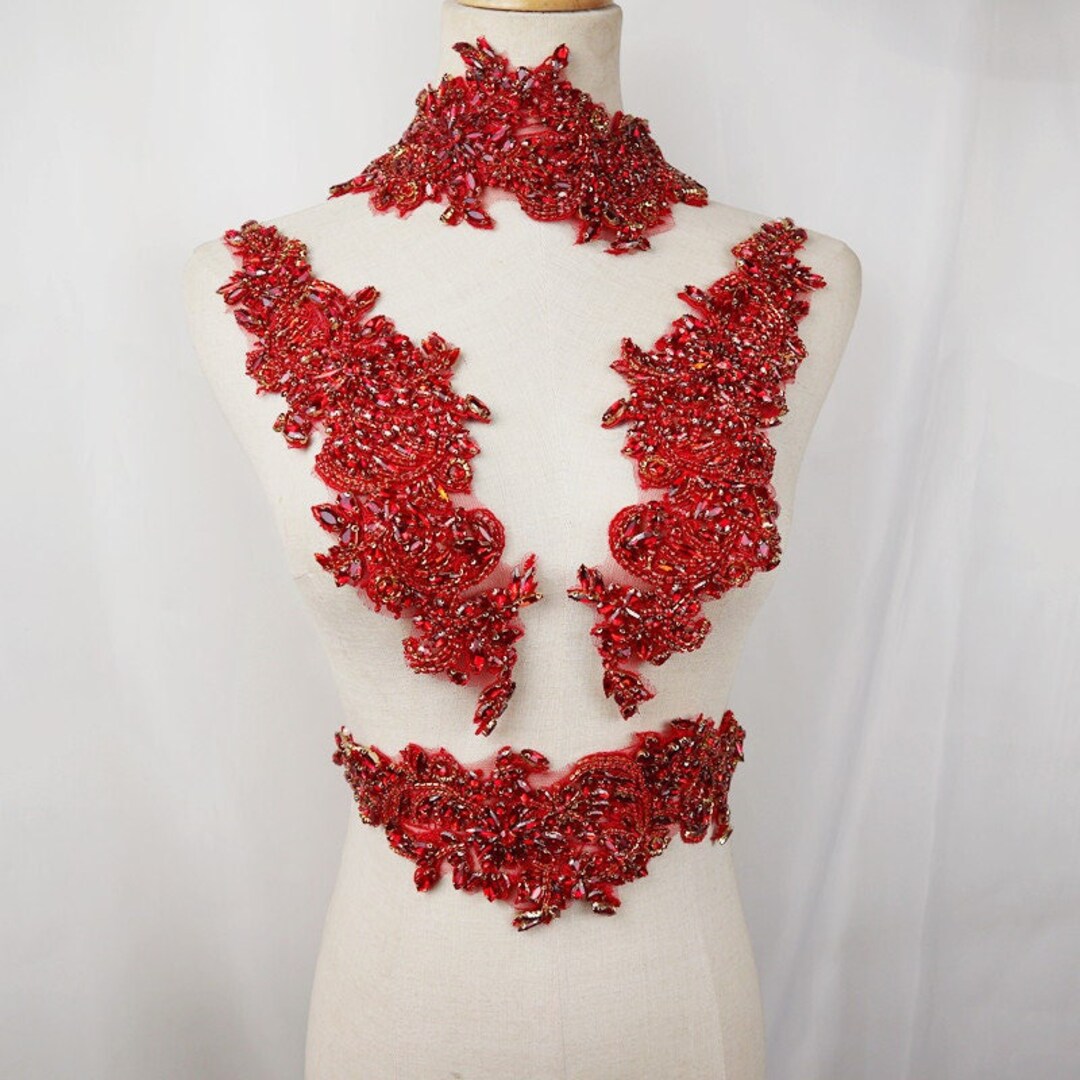 Deluxe Red Rhinestone Beaded Appliques, Gold Beaded Lace Appliques ...
