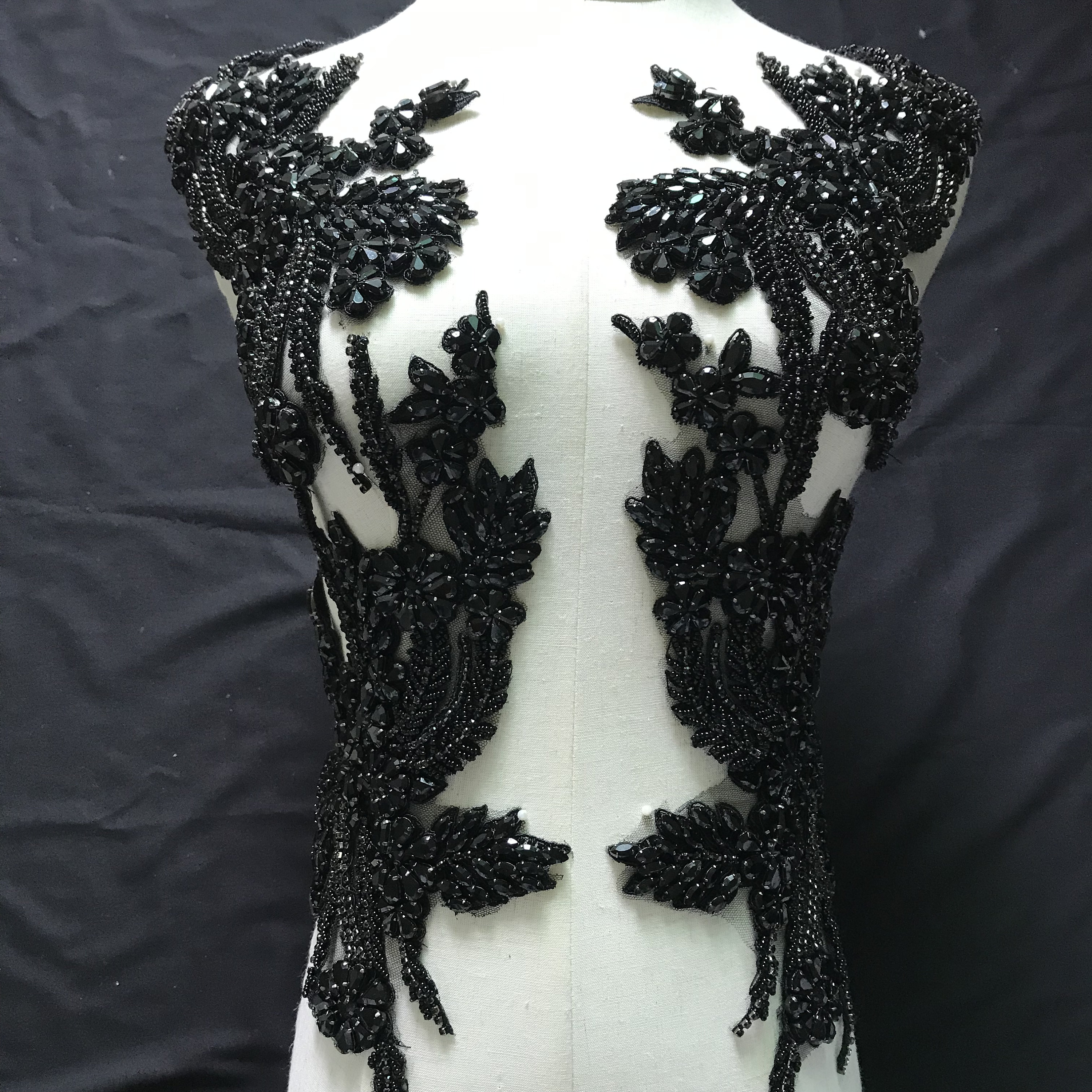 Black Deluxe rhinestone appliques shoulders sash lace | Etsy