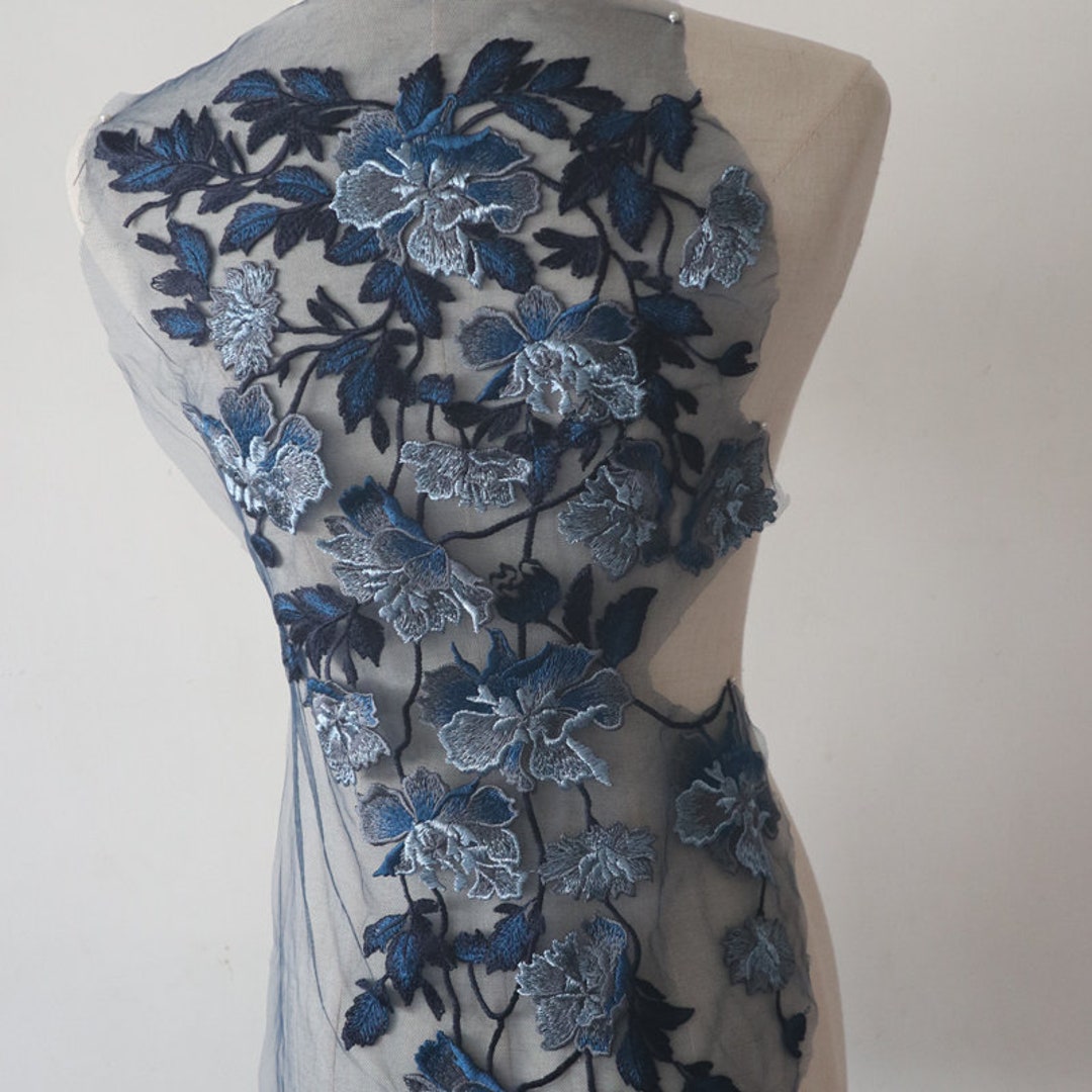 Navy Blue Embroidered Lace Fabric, Dark Blue Bodice Lace Applique ...