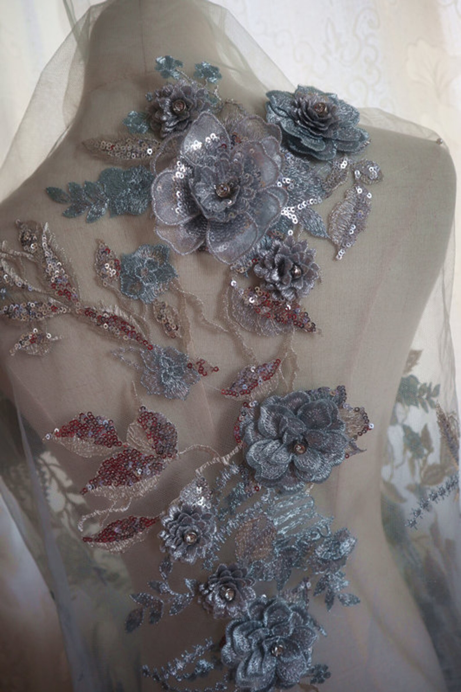 Dark Green Silver Mix Colors 3D Flowers Lace Applique Big | Etsy