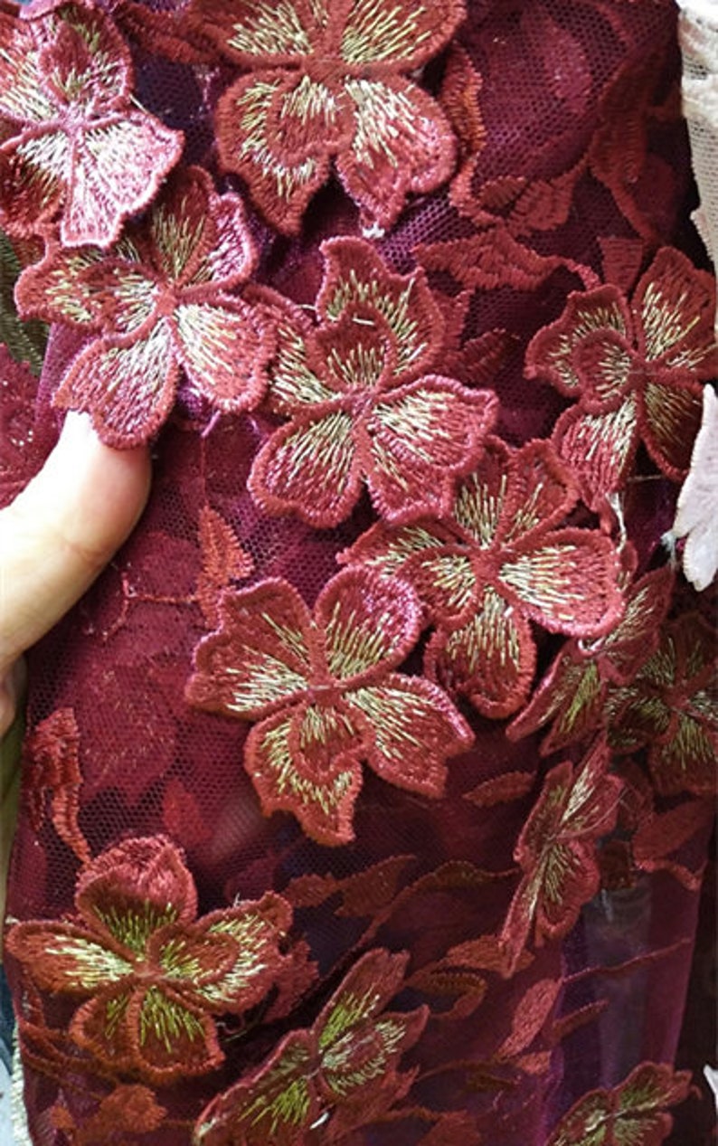 Dark Red 3D guipure lace fabric wine red elegant fine tulle | Etsy