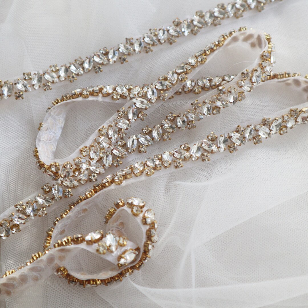 Gold Rhinestone Trim Applique Slim Thin Crystal Beaded Sash - Etsy