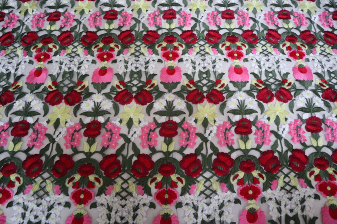 1 Yard Red Rose Pink Yellow White Flowers Green Leaf Colorful Heavy ...
