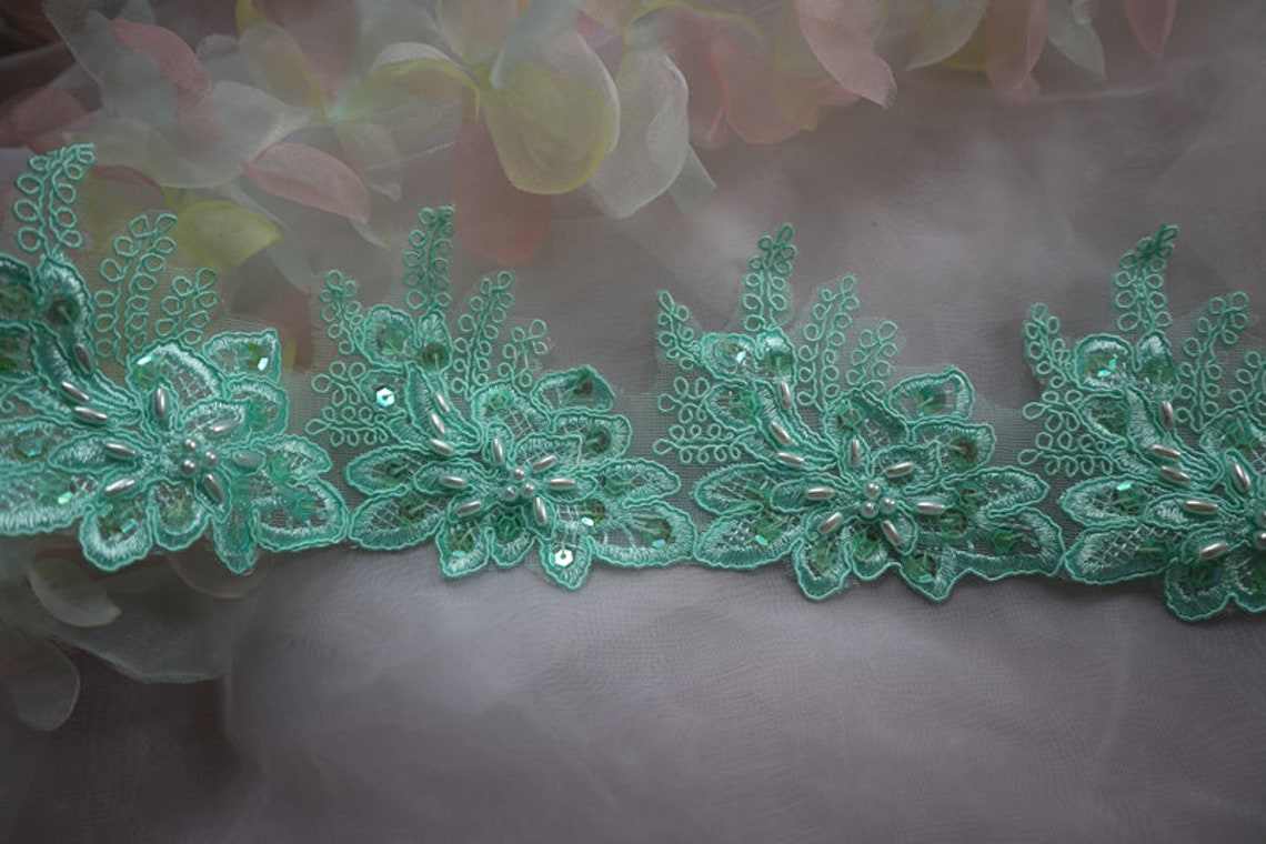 Champagne beaded lace trim 14 colors Alencon French | Etsy