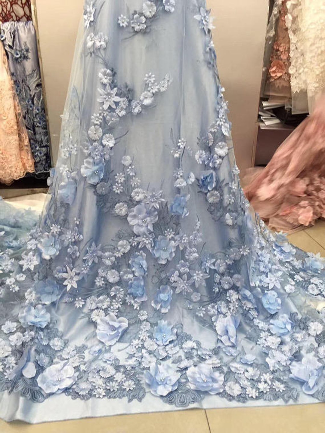 Light Blue Bridal Lace Fabric 3D Florals Red 3D Flowers - Etsy