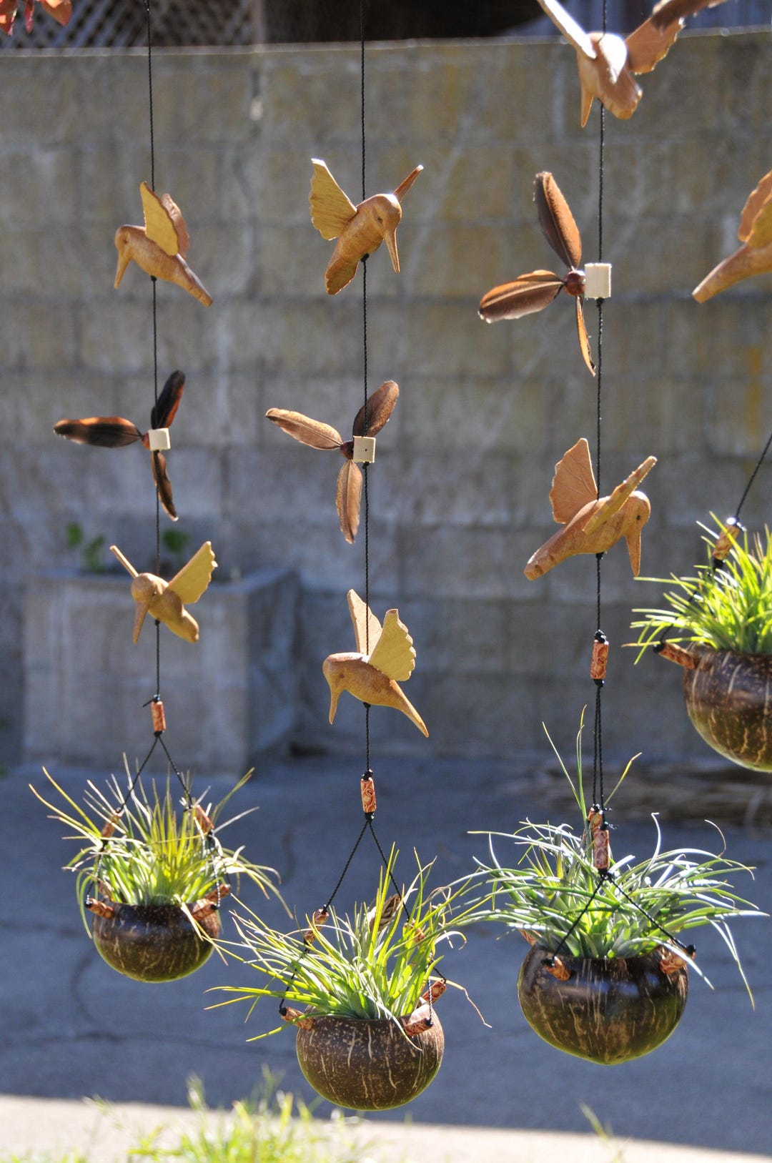 Hummingbird Wind Spinner: Hand-carved Wood, Coconut Shell Planter - Etsy