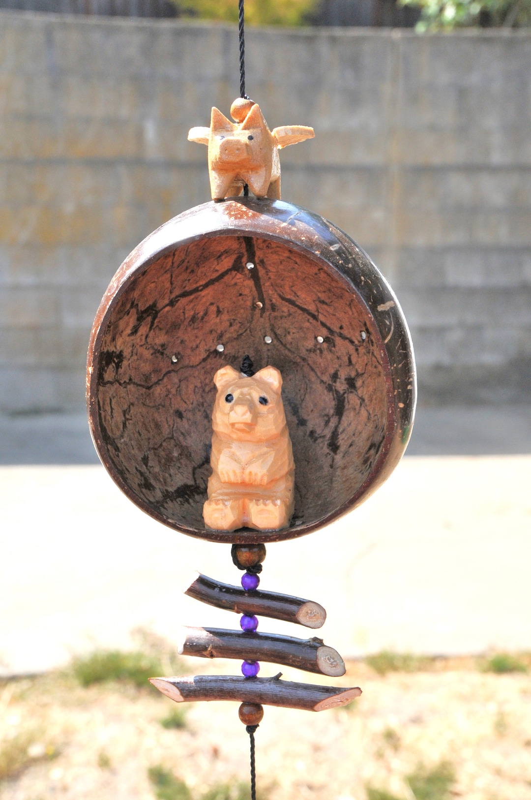Hand Carved Coconut Shell Mobile, Turtle, Hippo, Bear & Pig, Feather ...