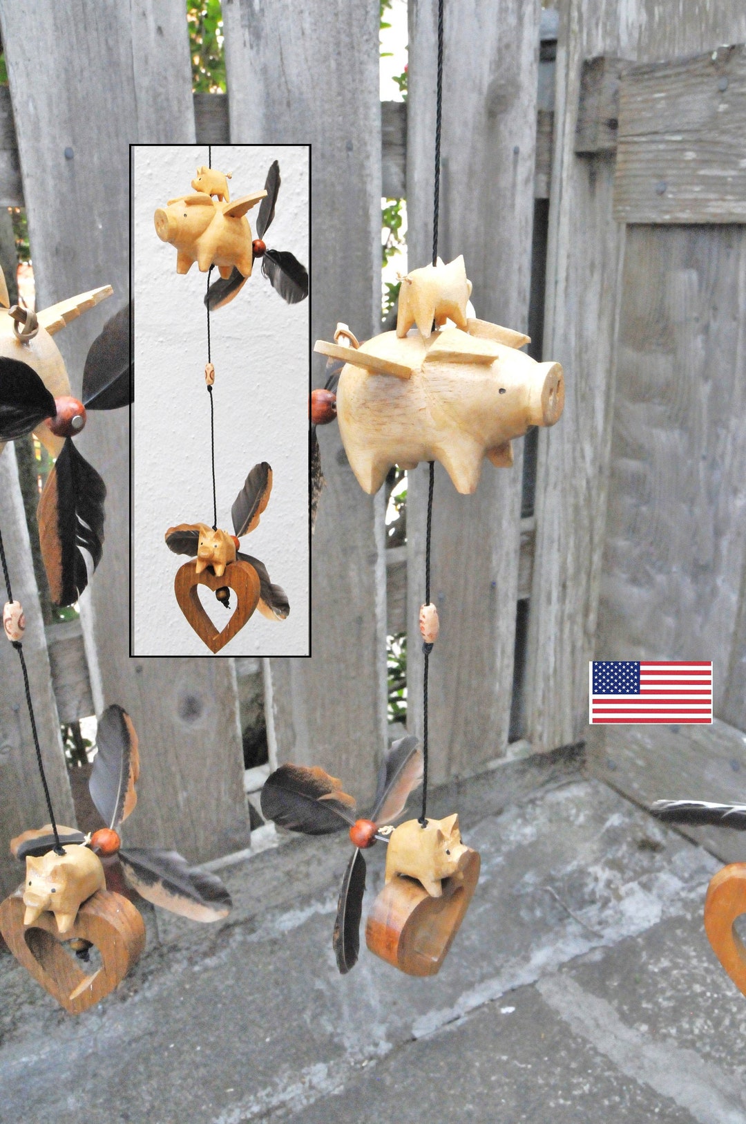 Flying Pig Wind Spinner: Hand Carved Wood, Weatherproof Feather Mobile ...
