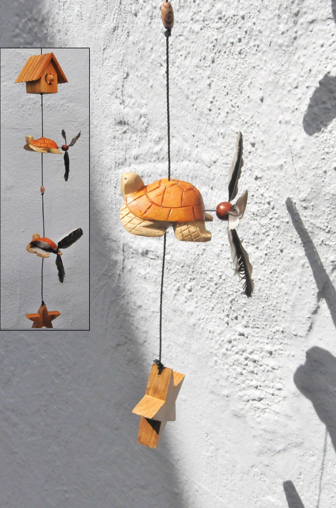 Hand Carved Turtle Mobile With Feather Spinners - Outdoor Decor - Etsy