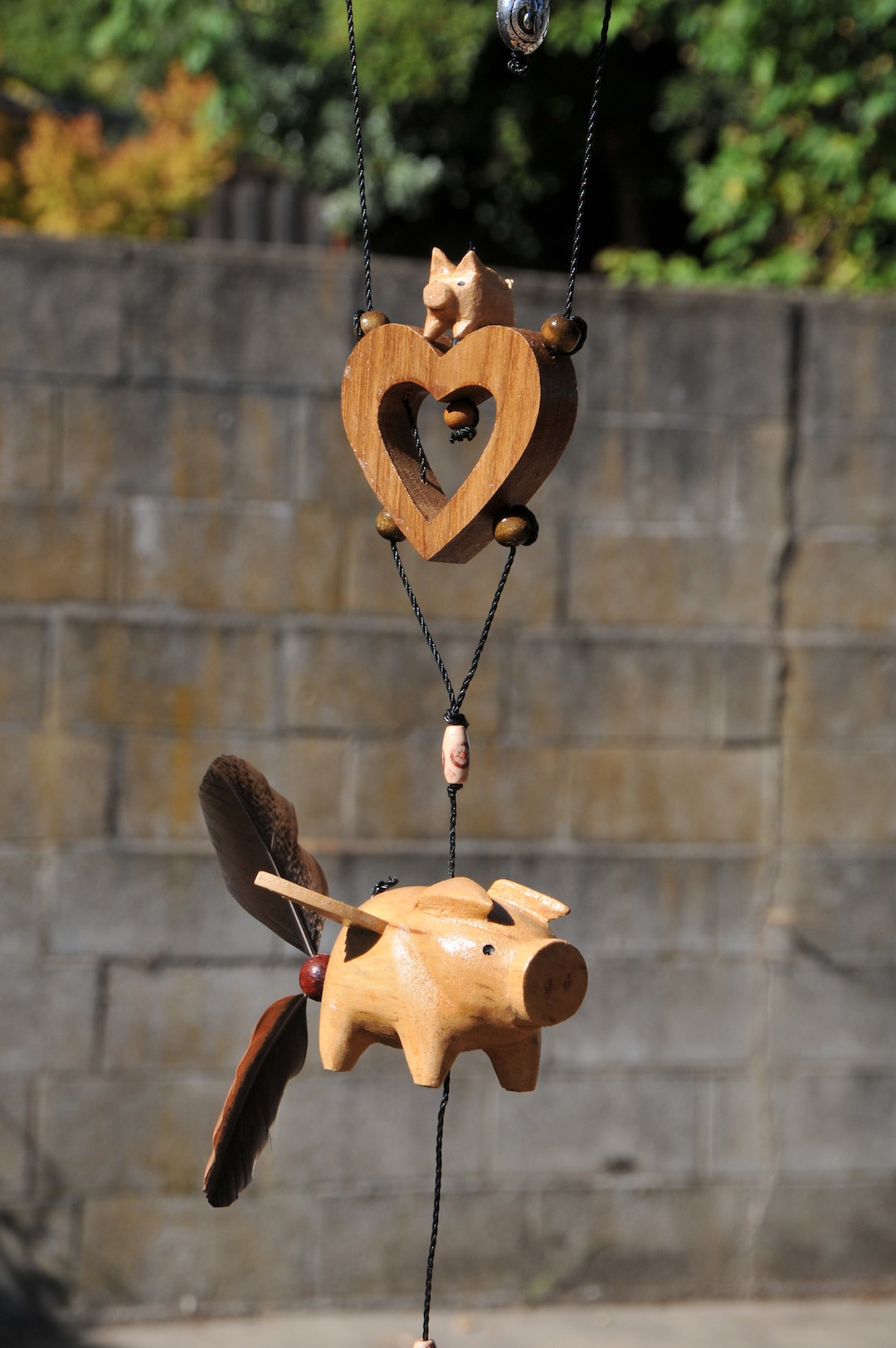 Flying Pig Mobile: Wood Heart & Feather Wind Spinner - Etsy