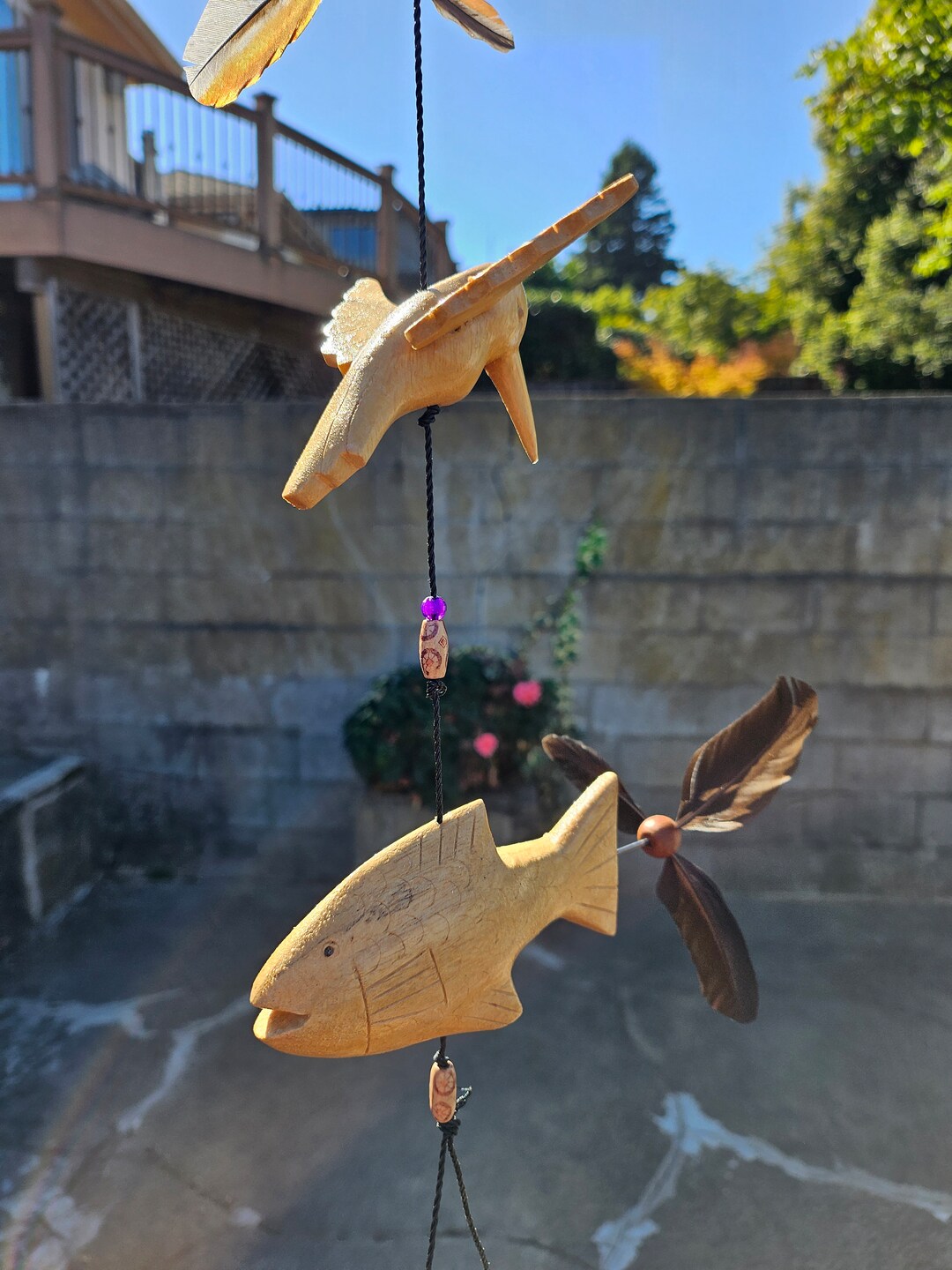 Wind Spinner Hummingbird+ Fish, Wood Carving, Coconut Shell Hanging ...