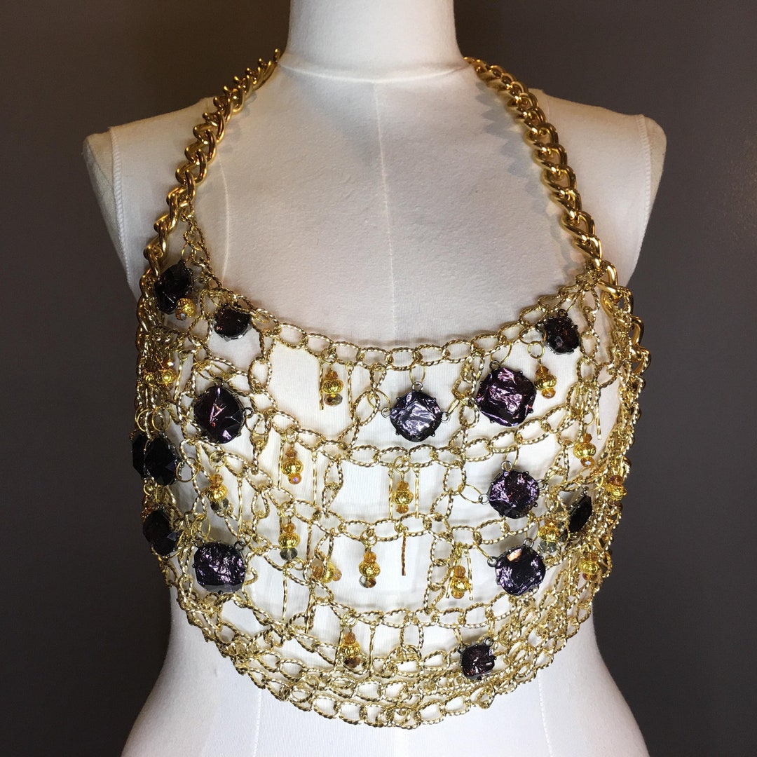 Gold Metal Chain & Crystal Bead Jewel Halter Bralette Top, Goddess ...