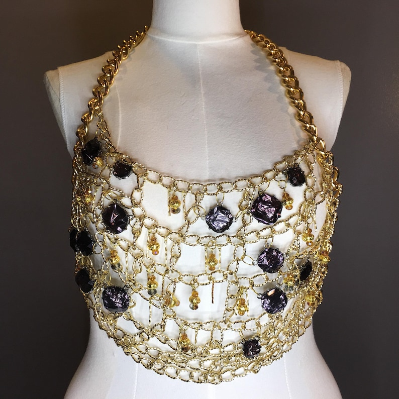Gold Metal Chain & Crystal Bead Jewel Halter Bralette Top, Goddess ...