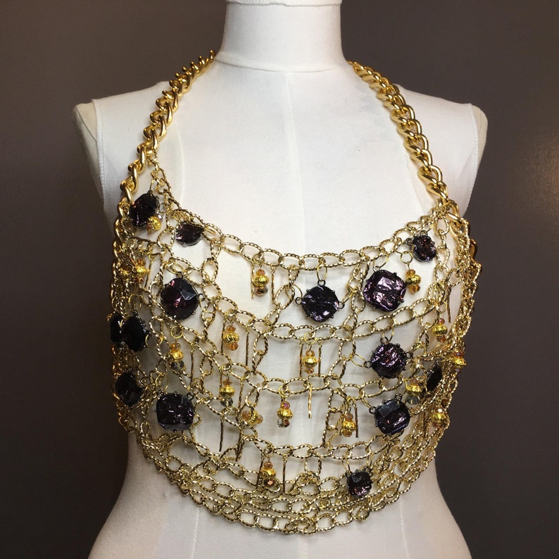 Gold Metal Chain & Crystal Bead Jewel Halter Bralette Top, Goddess ...