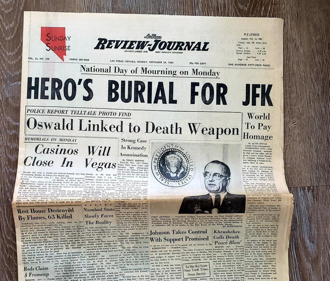 JFK Memorabilia, November 1963 Newspaper, Las Vegas Review Journal ...