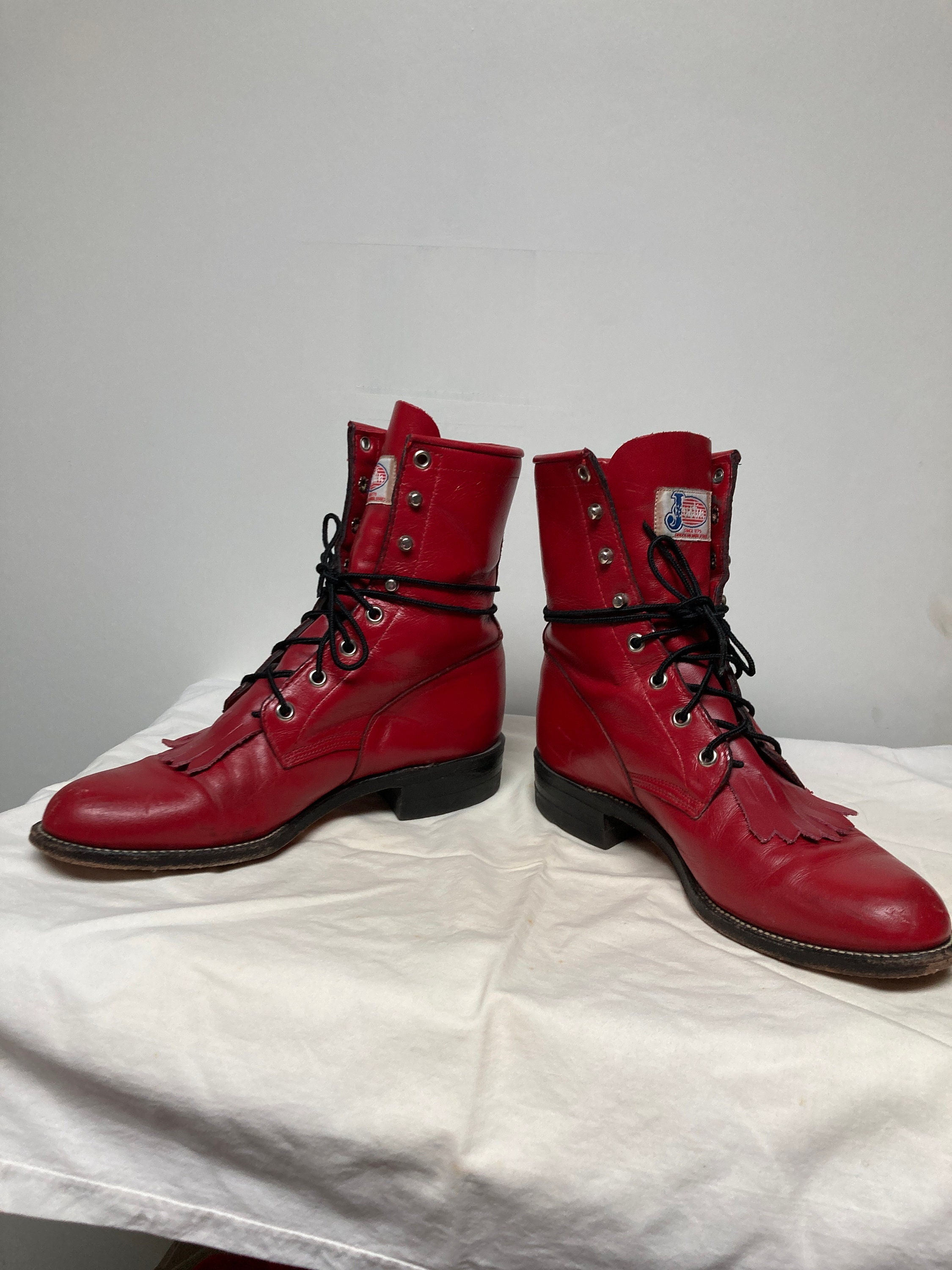 Sz 7 B Vintage Red Leather Justin Lace up Granny Combat Boots - Etsy