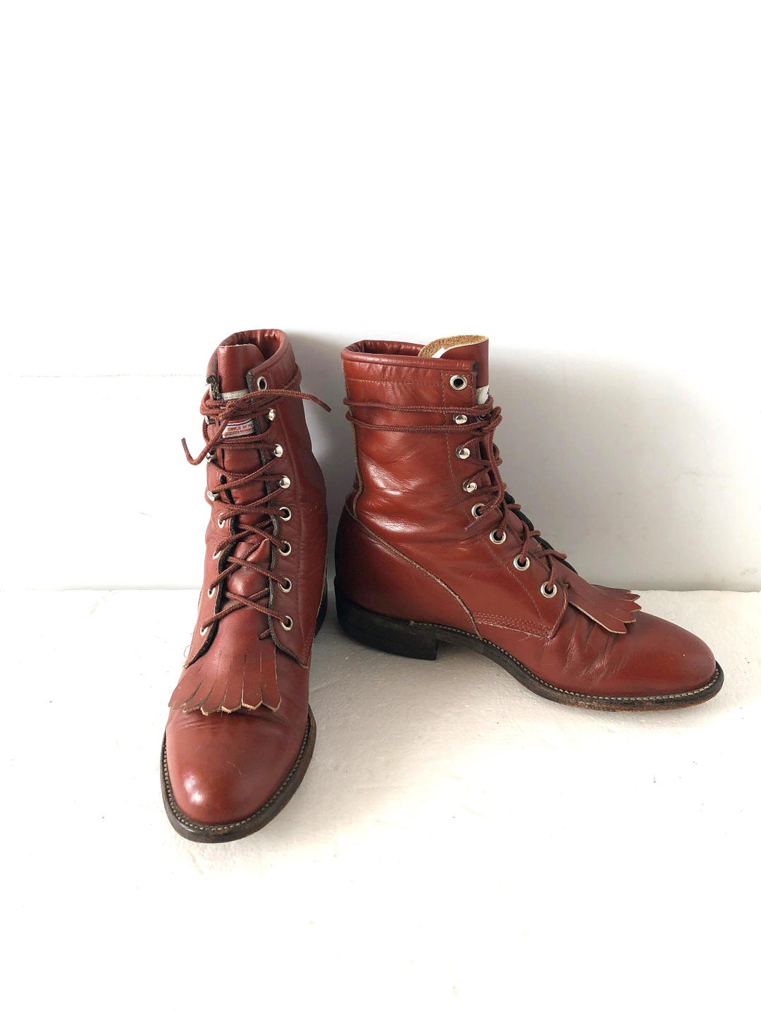 Sz 5.5 B Vintage Saffron Brown Leather Justin Lace up Granny Combat ...
