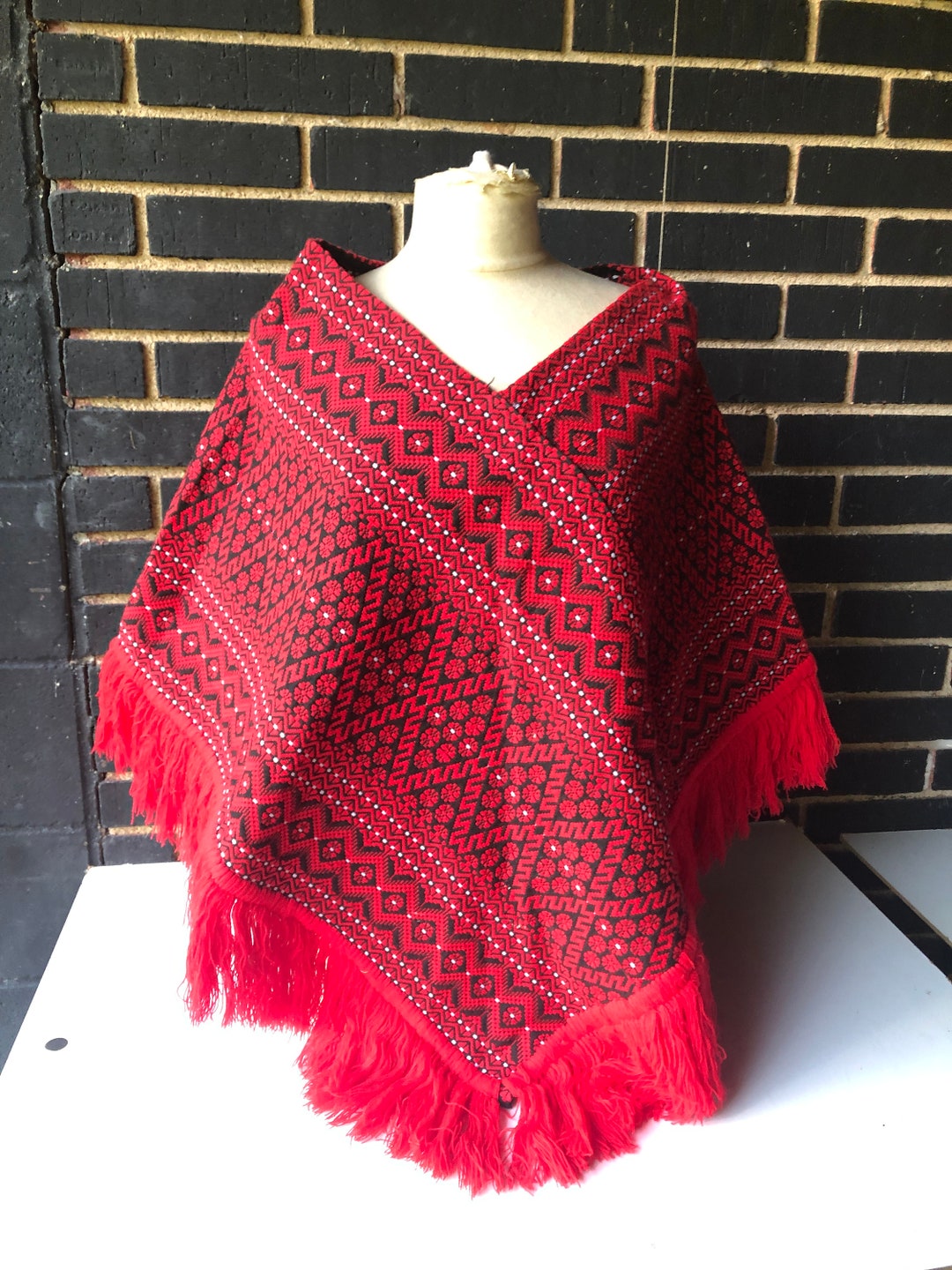Vintage 70s Guatemalan Poncho Cape – Red Tapestry Fringed Poncho - Etsy