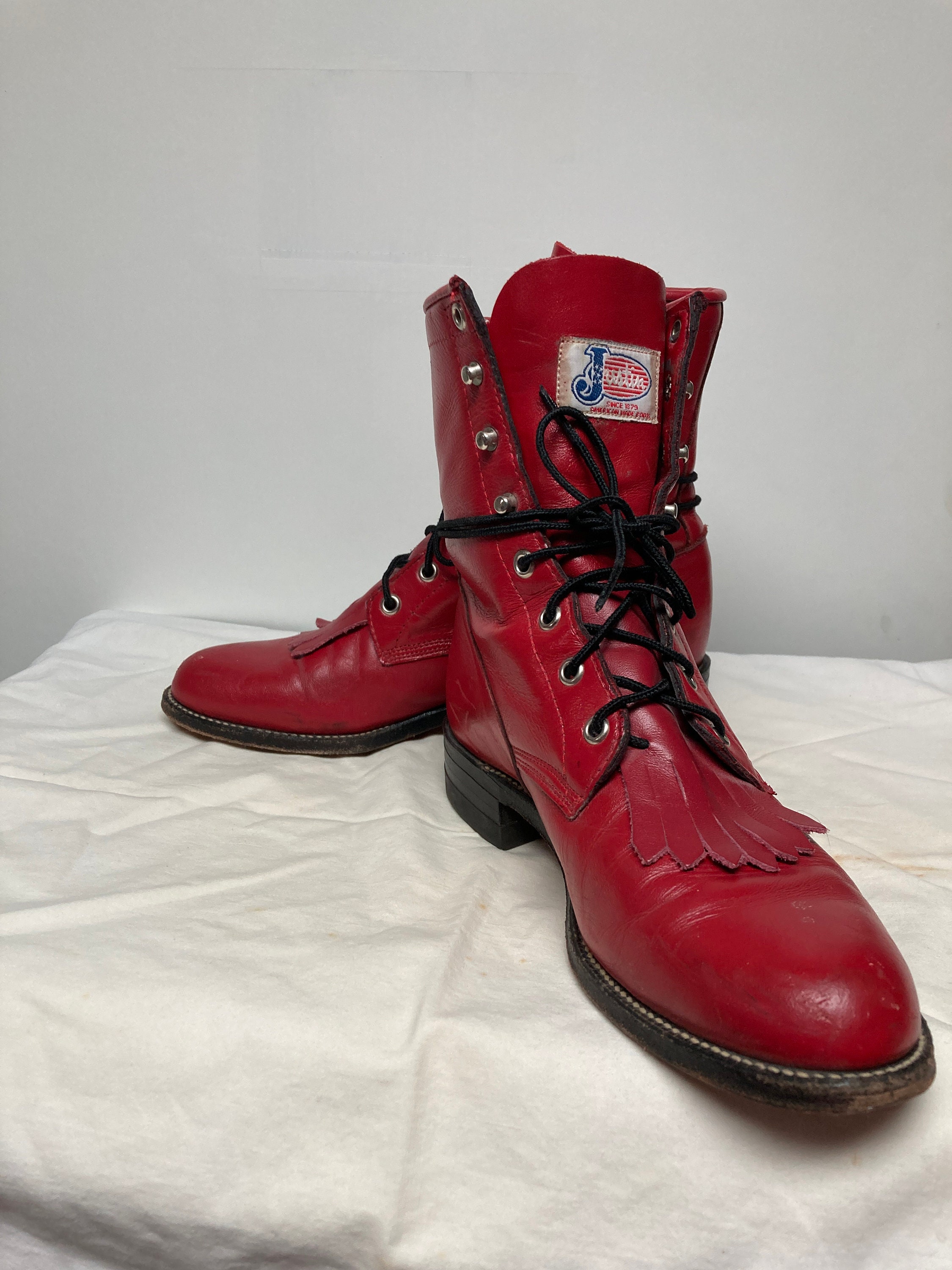 Sz 7 B Vintage Red Leather Justin Lace up Granny Combat Boots - Etsy