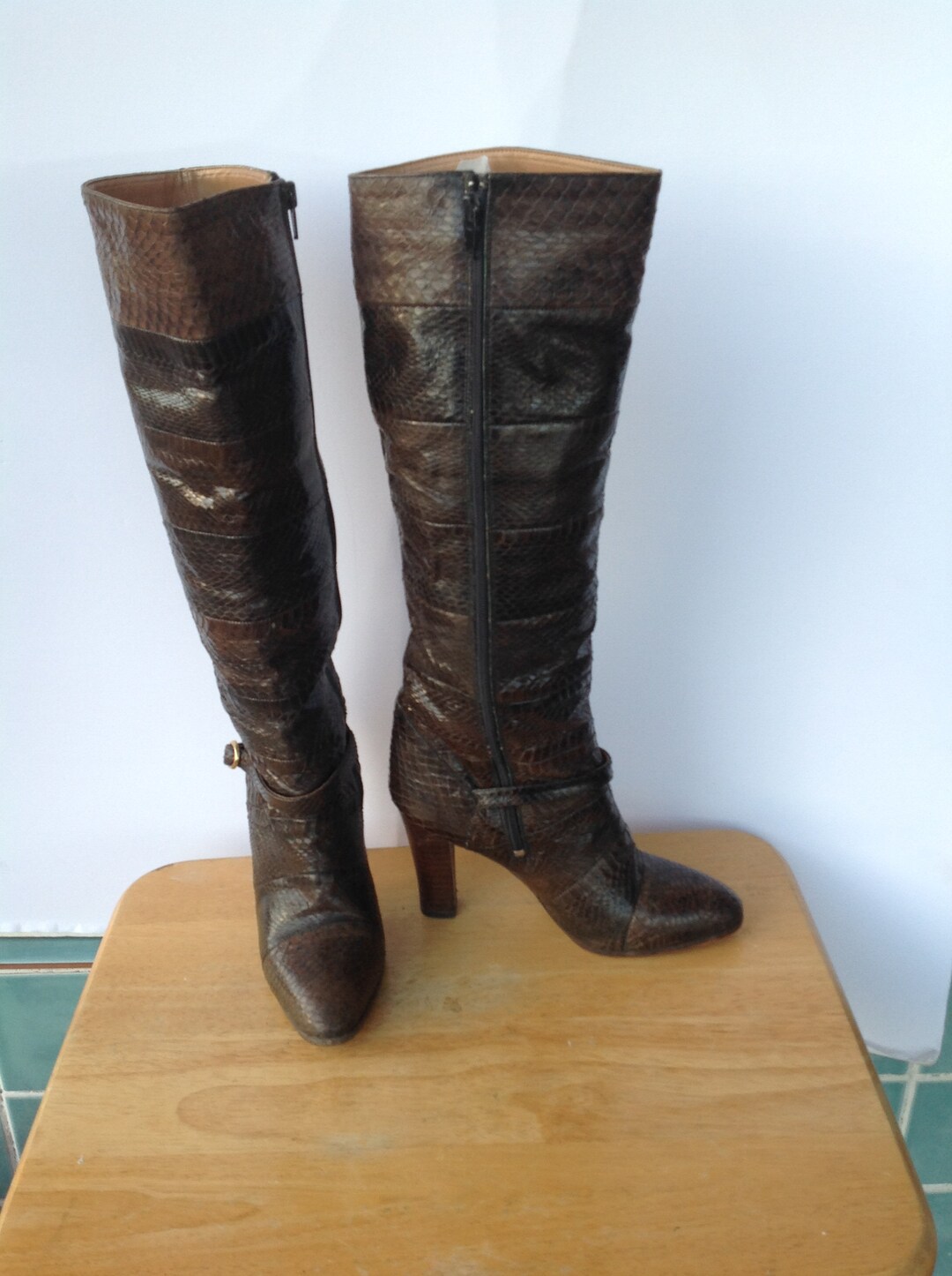 Sz 7m Vintage 80s Genuine Snakeskin High Heel Boots Knee High Boots ...