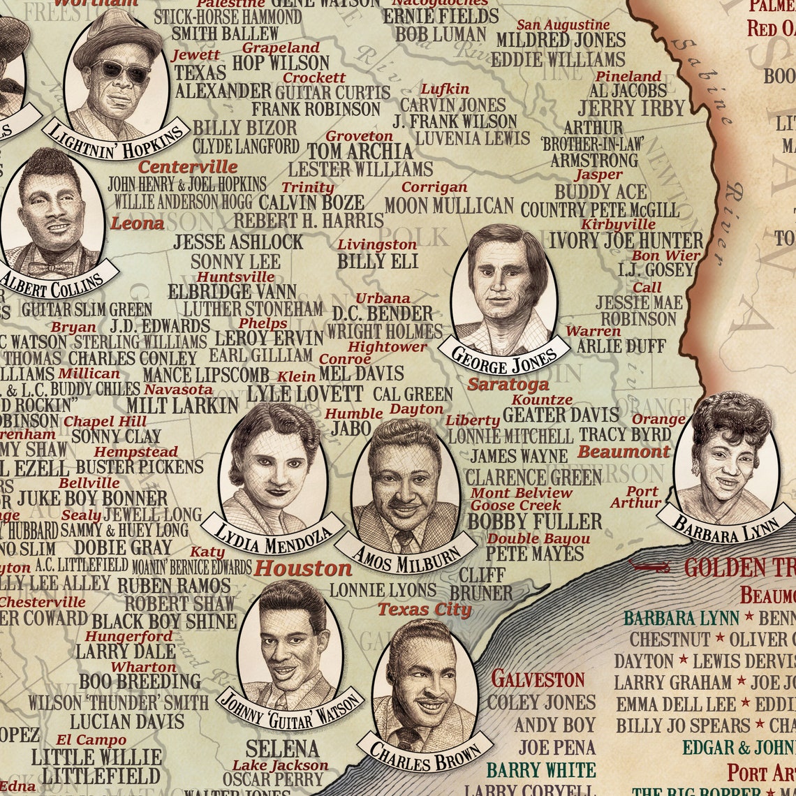 Texas Music Map - Birthplaces of 1000+ Native Musicians of Blues, Jazz ...