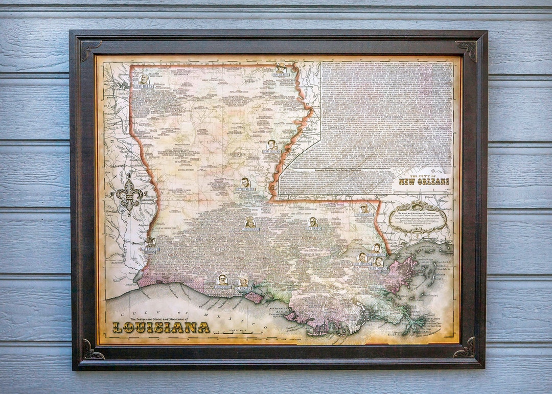 Louisiana Music Map in Handmade Wood Frame - Oil-rubbed Bronze With ...