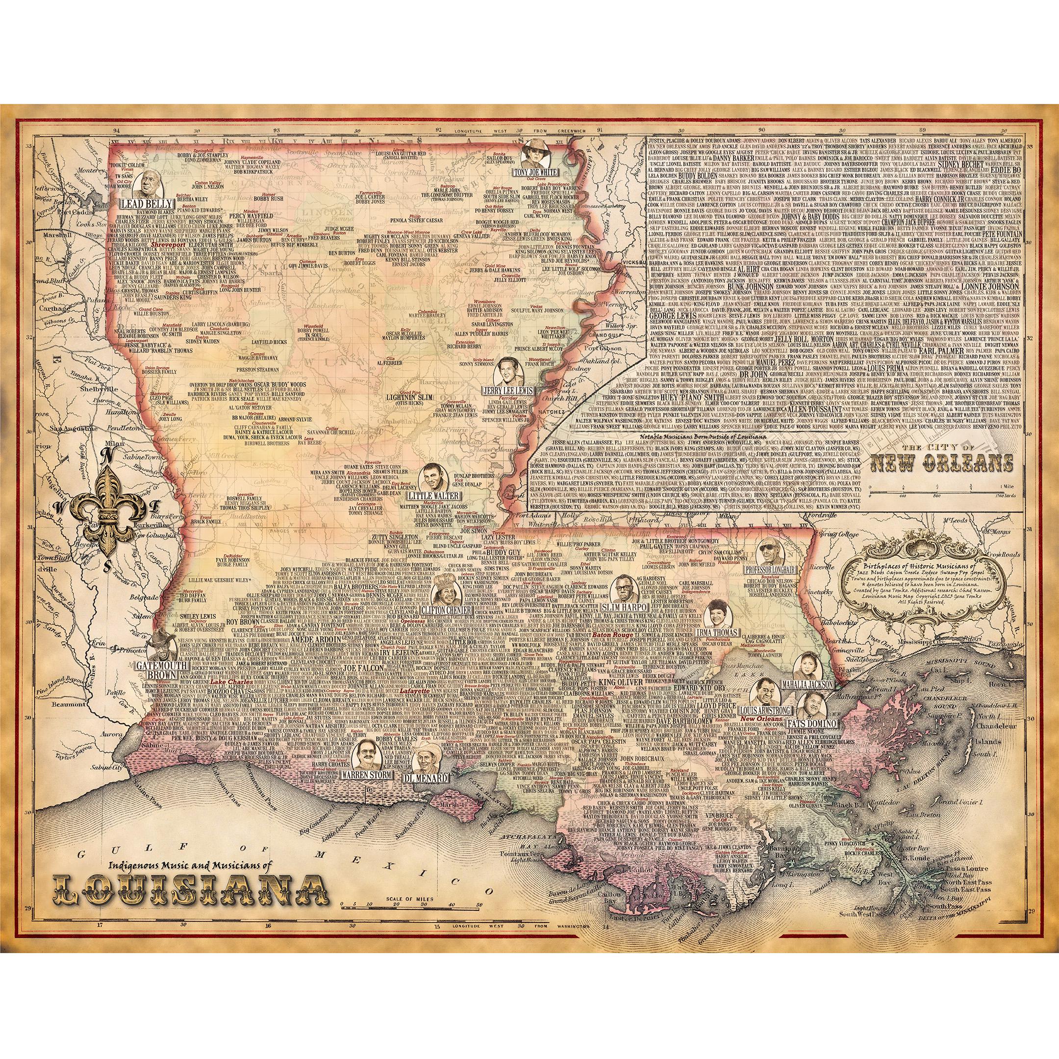 Louisiana Music Map - LATEST EDITION - Birthplaces of 1700 Native ...