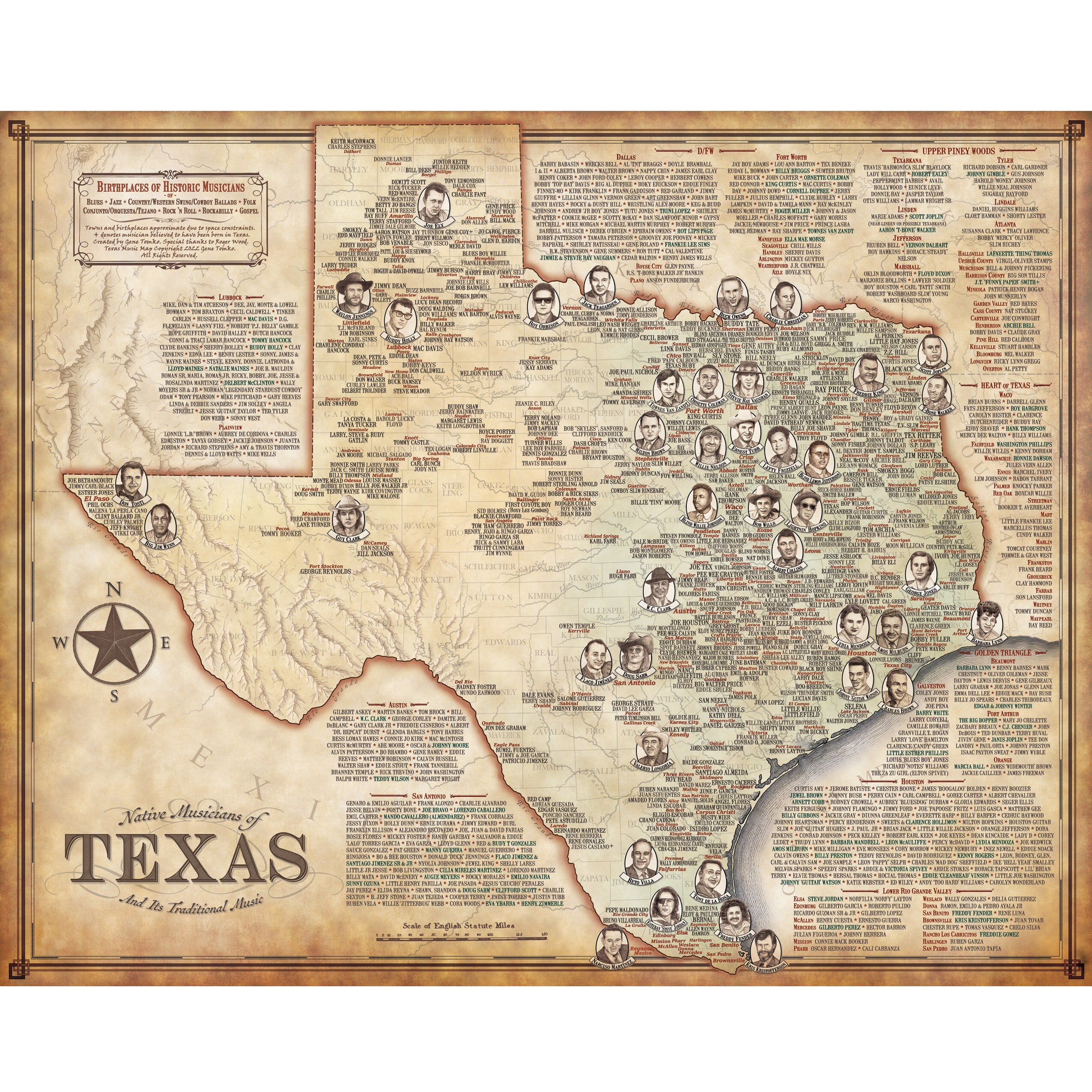 Texas Music Map Birthplaces of 1000 Native Musicians of Blues, Jazz ...