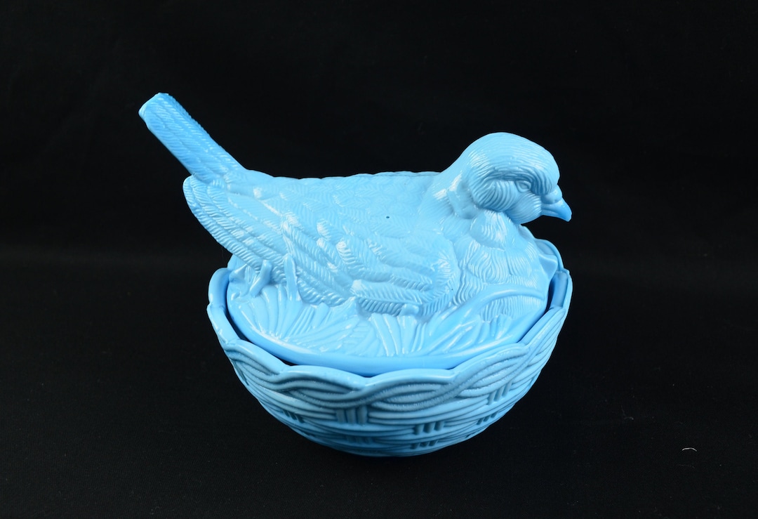 Westmoreland Blue Milk Glass Nesting Robin Lidded Basket Bowl - Etsy