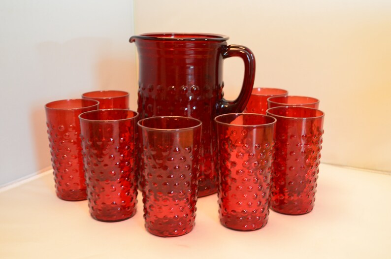 Anchor Hocking Ruby Red Hobnail Pitcher and 8 Matching - Etsy