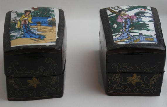 Asian Lacquerware Trinket Boxes with Painted Kimono W… - Gem