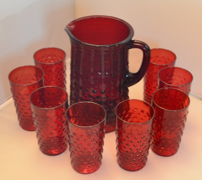 Anchor Hocking Ruby Red Hobnail Pitcher and 8 Matching - Etsy