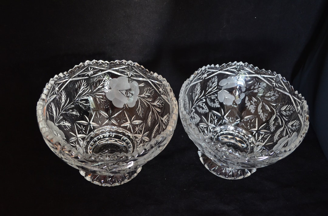 Imperlux Cut Crystal Bowls (2) Roses, Leaves, Sawtooth Edge, Stars ...