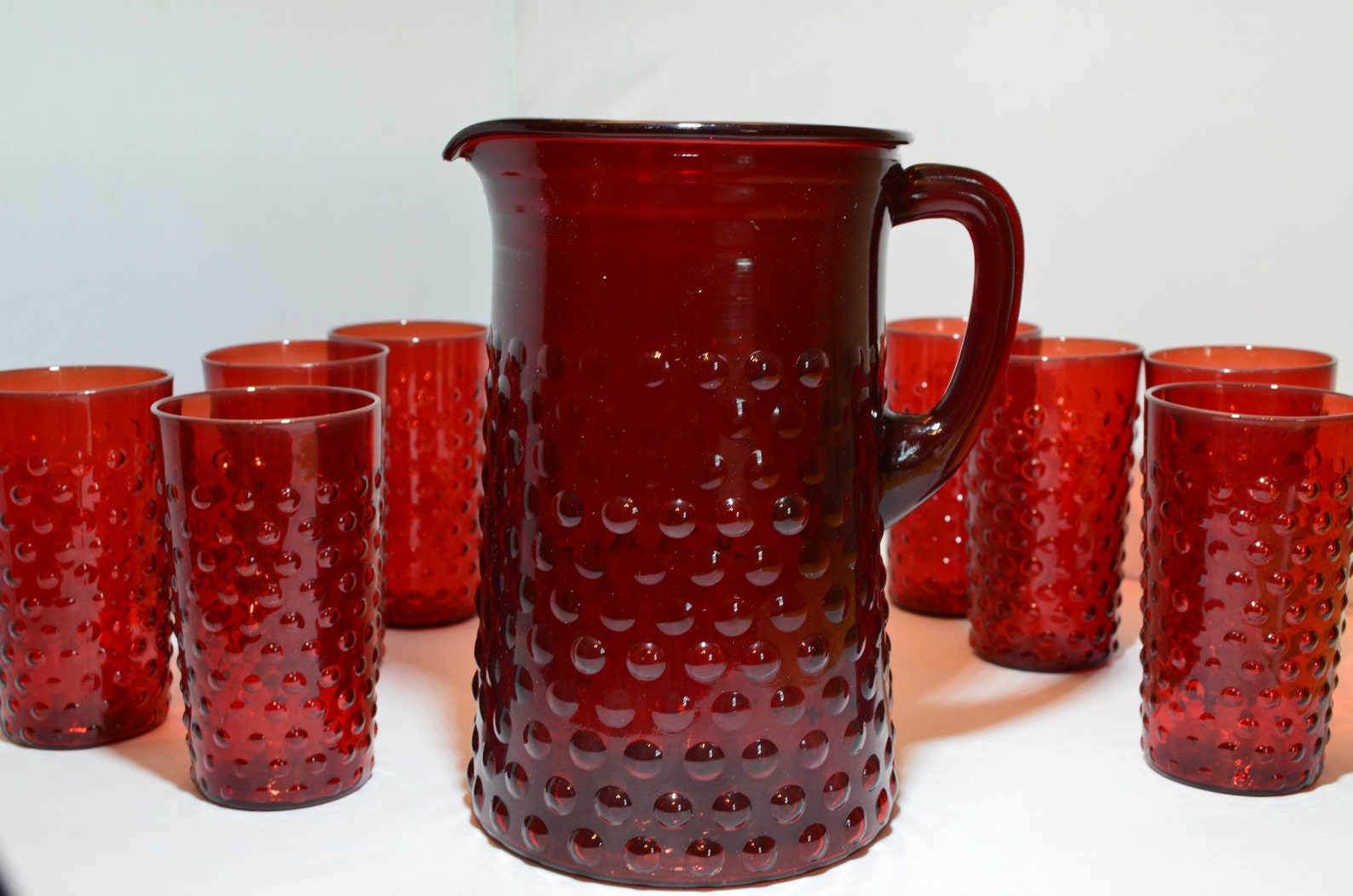 Anchor Hocking Ruby Red Hobnail Pitcher and 8 Matching - Etsy