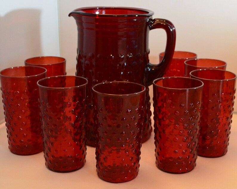 Anchor Hocking Ruby Red Hobnail Pitcher and 8 Matching - Etsy