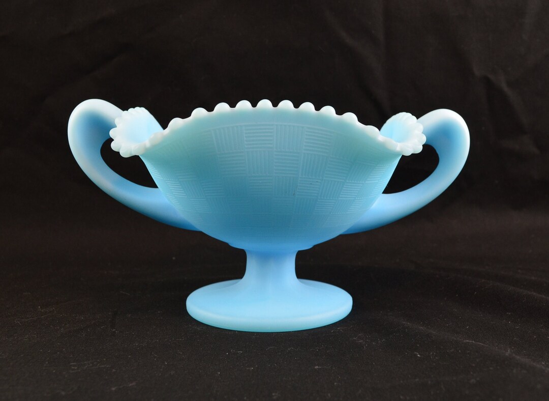 Fenton Blue Custard Glass Pedestal Double Handled Bowl With Raised ...