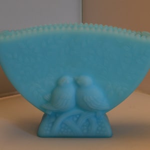 Fenton Blue Satin Custard Glass Love Birds Vase - Etsy